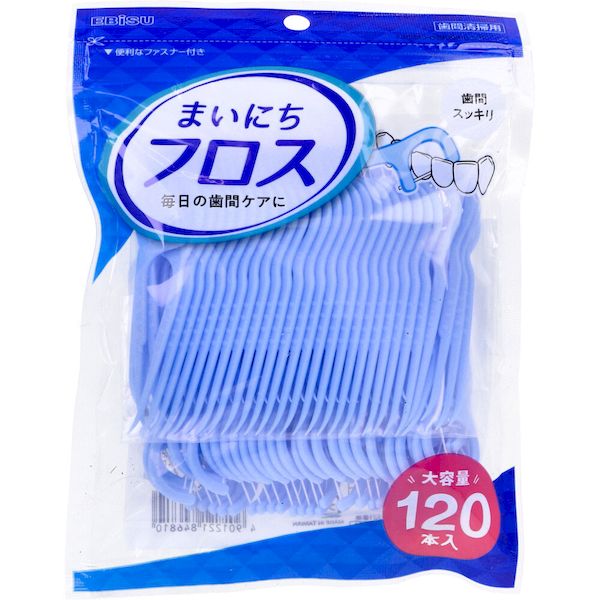 【商品説明】個装サイズ：140X185X20mm個装重量：約75g内容量：120本歯間スッキリ●指にフィットするグリップ。●歯の裏に届きやすいアーチ形状【柄の材質】ポリスチレン【フロス(糸)の材質】ポリエステル【耐熱温度】80度【使用方法】...