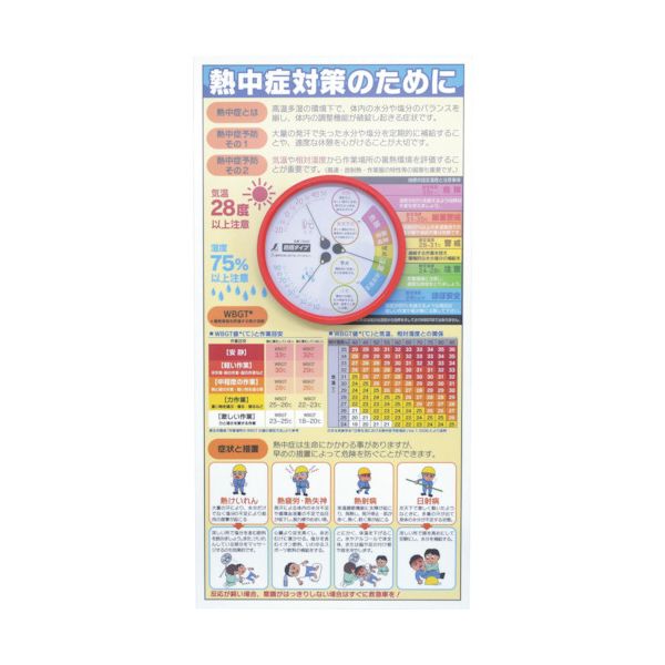 【商品説明】【特長】●熱中症についての症状と措置が一目でわかる温湿度付標識です。防雨型ですので屋外でも使用可能です。【用途】●熱中症対策と温度湿度の視認化に。【仕様】●サイズ縦(mm)：600●サイズ横(mm)：300●取付仕様：ビス・両面...