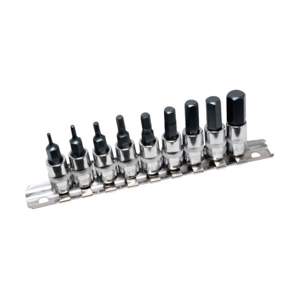 【商品説明】【特長】●差込角1/4DR（6.3mm）のヘックスビットソケットで、サイズの異なる9点組みのセットです。保管に便利なソケットレール付きです。【用途】【仕様】●全長(mm)：38【仕様2】●差込角：1/4DR(6.3mm)【材質／...