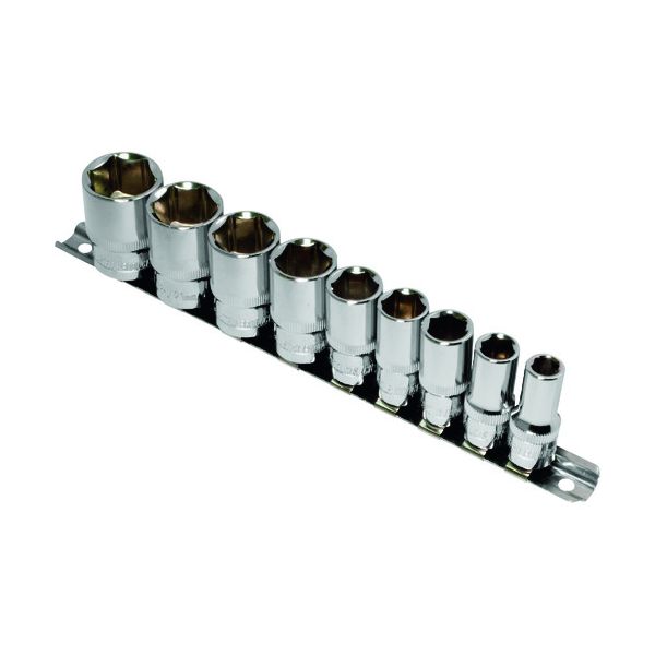 【商品説明】【特長】●差込角3/8DR（9.5mm）でミリサイズのセミディープタイプソケットセットです。●ボルトやナットを傷めづらい、面接触タイプです。【用途】【仕様】●差込角(mm)：9.5●セット内容(点)：9●対辺形状：6角●セット内...