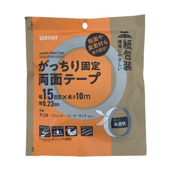 【商品説明】【特長】●粗面や異素材接着用の両面テープです。【用途】●木工材・プレート・シート・マットなどに。【仕様】●色：白●幅(mm)：15●長さ(m)：10●厚さ(mm)：0.23●テープカット条件：手切り可能●粘着力(N/10mm)：...