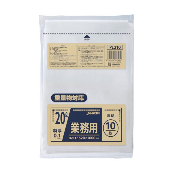 【商品説明】【特長】●厚みが0.1mmの特厚タイプで破れにくく丈夫です。【用途】【仕様】●縦(mm)：600●横(mm)：520●厚さ(mm)：0.1●容量(L)：20●色：透明【仕様2】●重量物対応【材質／仕上】●LLDPE【セット内容／...