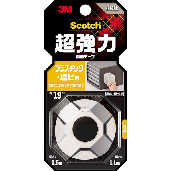 【商品説明】●強靭なアクリルフォーム基材に、特殊アクリル系粘着剤を塗布した超強力両面テープ。●つきにくいプラスチック（ポリプロピレンやポリエチレン）などもしっかり接着●屋外、屋内使用可能●使用温度範囲ー20℃〜80℃●スコッチ（R）超強力両...
