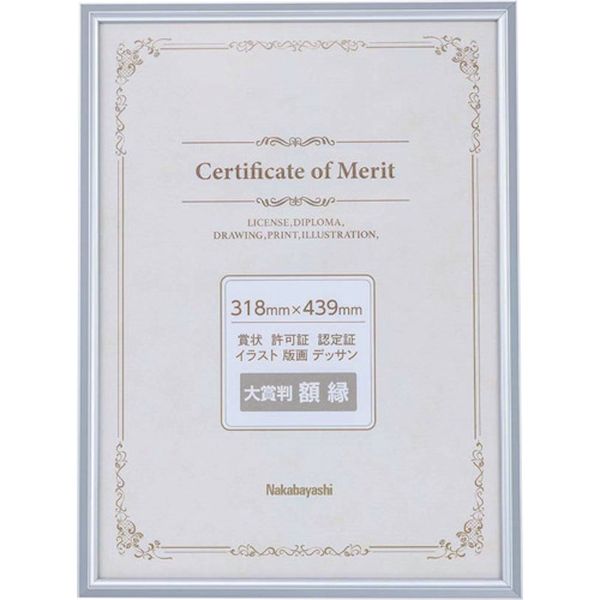 【商品説明】【特長】●シャープですっきりした印象の賞状額です。●箱（白）入り。【仕様】●タイプ：賞状　大賞判●枠色：シルバー●フレーム外径寸法(mm)：462×341●収納用紙寸法(mm)：439×318●厚さ(mm)：16【仕様2】●アル...