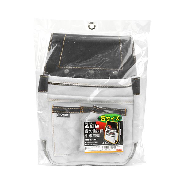 【用途】釘袋。【機能・特徴】摩耗、熱に強いです。ヨレ防止にボード補強を施しています。釘、ビスの収納に最適です。【仕様】●サイズ：約幅240×奥行40×高さ300mm。●色：ホワイト・ブラック。●牛革。【注意事項ほか】リベットなどの金具類の変...