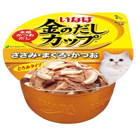 【商品説明】猫 フード ウェット カップ レトルト 金のだし 一般食 とろみ■開けやすく、軽いプラスチックカップのウエットフード。■まぐろとかつおのフレークにささみをトッピングし、焼津産かつおの本格だしを加えました。■原材料：かつお、まぐろ...