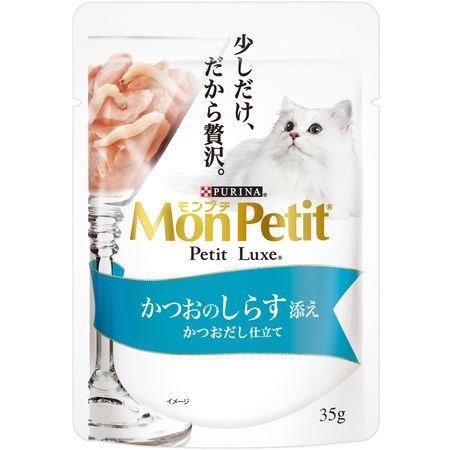 【商品説明】猫 フード ウェット パウチ レトルト モンプチ■厳選されたかつおにしらすを添え、海の幸の美味しさたっぷりの「かつおだし」と一緒にぎゅっとつめこんだ贅沢なメニュー。■原材料：魚介類(かつお、しらす、フィッシュエキス等)、調味料、...
