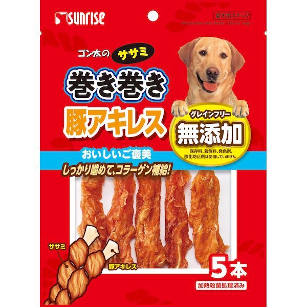 【商品説明】●適度な噛み応えの豚アキレスに、旨みたっぷり鶏ササミを巻きました。しっかり噛めて、コラーゲンの補給もできるので、おやつやしつけのごほうびにピッタリです！●「グレインフリー」、「無添加」保存料・着色料・発色剤・酸化防止剤は使用して...
