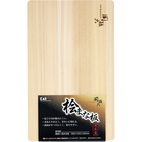 【商品説明】●刃あたりの良い日本製桧のまな板です。●刃あたりがよく、包丁の刃が傷みにくいのが特徴です。●側面に樹脂加工をしているため、乾きが早く黒ずみをおさえます。●本体サイズ(約)：390X240X20mm●商品重量(約)：860g●材質...