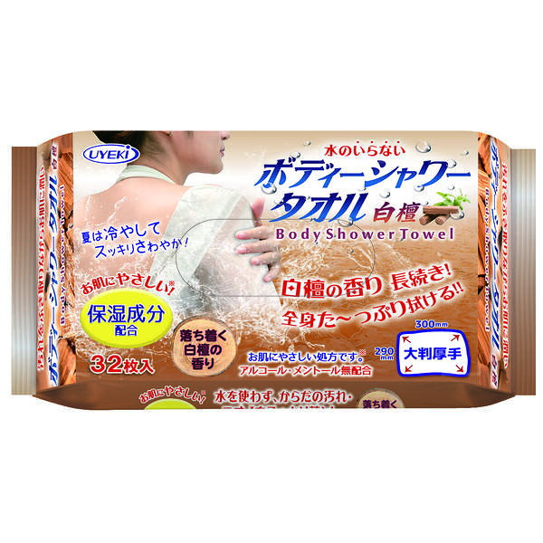 【商品説明】●水を使わずに体の汚れ、ニオイを拭き取ります。やわらか大判シートで全身たっぷり拭ける。夏は冷やしてスッキリさわやか!　●落ち着く白檀の香り。アルコール・メントール無配合でお肌にやさしい処方です。シート32枚入でたっぷり使えます!...