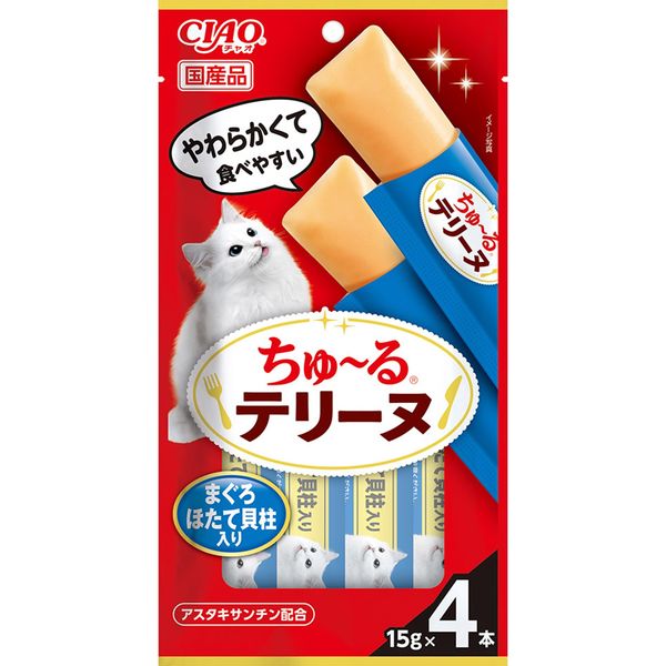 【商品説明】●ねこちゃんの大好きなちゅ〜るを噛んで食べられるテリーヌタイプに仕上げました。●まぐろとほたての美味しさたっぷりのおやつです。●アスタキサンチン配合。●原材料：まぐろ、ほたて貝柱、ほたてエキス、糖類(オリゴ糖等)、植物性油脂、増...