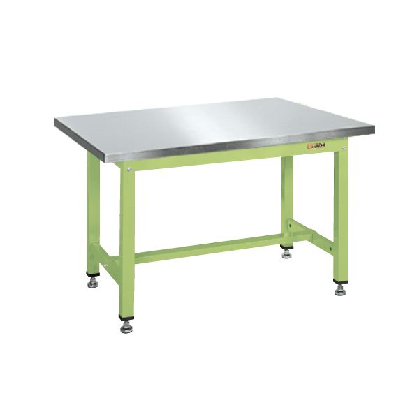 金属と木材の長所を生かしたカブセ天板仕様。●外寸：W1800×D750×H740mm●均等耐荷重：1200kg●質量：64kg●カラー：グリーン（脚部）●天板サイズ：W1800×D750mm●天板：ステンレスカブセ天板（表面材質：SUS43...