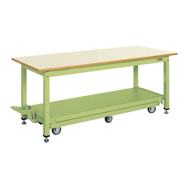 サカエ072-895-0200【商品説明】静から動へ！固定式作業台をワンタッチで移動式に。●外寸：W1500×D750×H740mm●均等耐荷重：800kg（移動時250kg／昇降は250kgまで可能）●カラー：サカエグリーン●質量：69k...