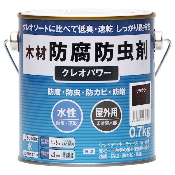 和信ペイントメーカーお問い合わせ：0480-48-2725【商品説明】●クレオソートに比べて低臭・安全、しっかり長持ち●屋外未塗装木部の防虫・防腐・防カビ・防蟻に●塗り面積（2回塗り）：4〜6m2（畳2.4〜3.6枚）●乾燥時間（20℃）：...