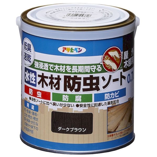 アサヒペン06-6930-5008【商品説明】●水性タイプの木部用防虫防腐処理剤●浸透性に優れ、長時間木材を保護します。●用途：杭、板塀、溝板などの屋外未塗装木部の防虫・防腐●土台、根太、根太受、床東、大引などの床下未塗装木部の防虫・防腐●...