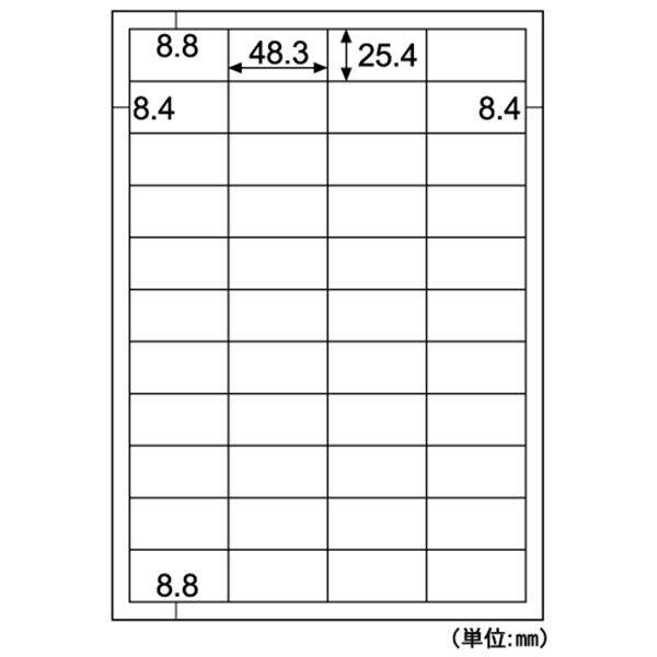 【商品説明】●いろいろなプリンタで使用できるラベルです。しっかり貼れてキレイにはがせる再剥離タイプです。●レーザ・インクジェット・コピー対応●入数：100●用紙サイズ：A4（210×297mm）●ラベルサイズ：48.3×25.4mm●面付：...