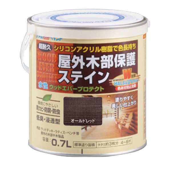 【商品説明】※色見本はご使用端末により若干の誤差がございますので、ご注意ください。【特長】●着色力の強い半造膜ステインなのでウッドデッキなど屋外木部を長期間保護します。●紫外線劣化防止剤・防虫・防腐・防かび剤配合。【用途】●ウッドデッキやラ...