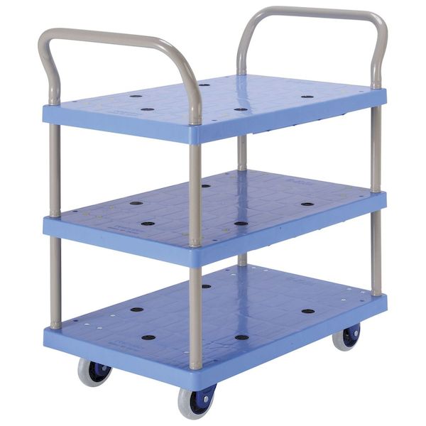 【商品説明】●サイズ：790×455×H865mm●材質/デッキ：ポリプロピレン、ハンドル：スチール（粉体塗装）●キャスター種類：固定2輪、自在2輪/100φ静音ノーカーボングレーゴム●自重：16.5kg●耐荷重：150kg●棚間：210m...