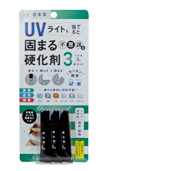 【商品説明】【商品詳細】※硬化剤3本セットの単品です。ライトは別売りです。●UVライトを当てると約5秒で硬化し始めます。●硬化後は切断・穴あけ・塗装などが可能です。●硬化後は透明な仕上がりです。耐熱、耐水性があります。●多種材に対応していま...