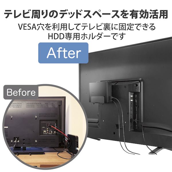 エレコム0120-898-794【商品説明】●薄型テレビ・モニタ裏のデッドスペースを収納スペースに変える、VESA規格対応のHDD収納ホルダーです。●薄型テレビ・モニタのVESA規格に対応したネジ穴に固定するだけで、簡単に設置できます。●主...