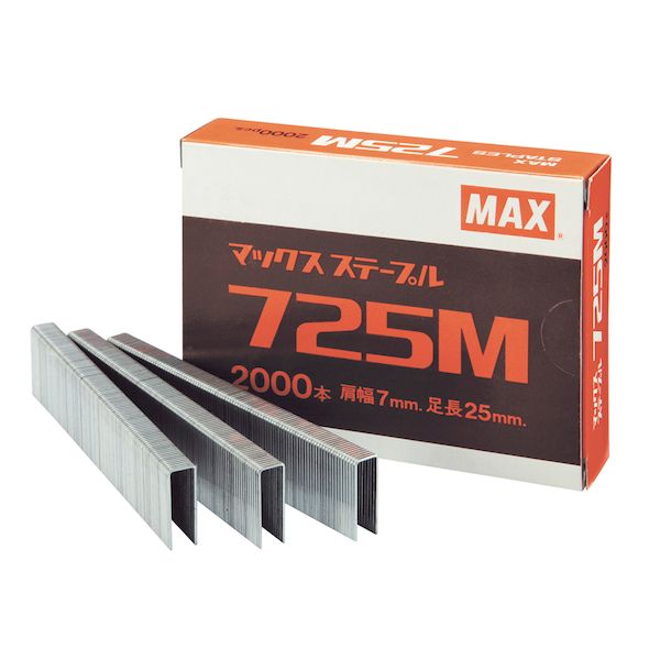 【商品説明】●7Mステープルです。●ステープルの肩幅(内寸)(mm):7●ステープルの足長さ(外寸)(mm):25●ステープルの線径(mm):幅1.3×厚さ0.8●材質:鉄●適合釘打機:高圧釘打機(HA-R25/725M)、常圧釘打機(TA...