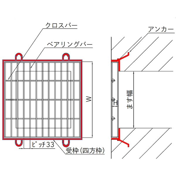 【商品説明】●特徴：ツバ無し(落し込み)タイプ正方形のHGF用の受枠です。●材質：スチール・黒塗装●受枠タイプ：四方枠●受枠寸法（mm）570×38●単重（kg）：10.2●注意：※個人宅配送は不可となります。※受枠のみの販売となります。グ...