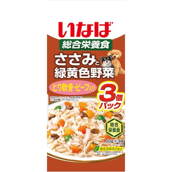 【商品説明】●ささみをベースに緑黄色野菜とワンちゃんが大好きな鶏軟骨と牛肉をトッピングしました。●ゼリータイプなので、スルッと出せます。●総合栄養食。●ビタミンE配合。●緑茶消臭成分配合で腸管内の内容物の臭いを吸着し、糞・尿臭を和らげます。...