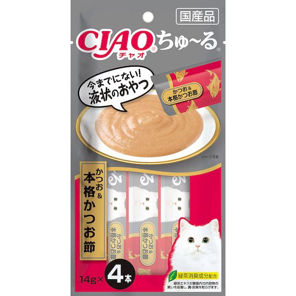 【商品説明】●一度食べたらやみつき！猫ちゃんの好きなを素材を液状にしたおやつです。●ちゅ〜っと出して、なめるだけで簡単に栄養補給。●食べきりやすい14g×4本。●緑茶消臭成分配合！緑茶エキスが腸管内の内容物の臭いを吸着し、糞尿臭を和らげます...