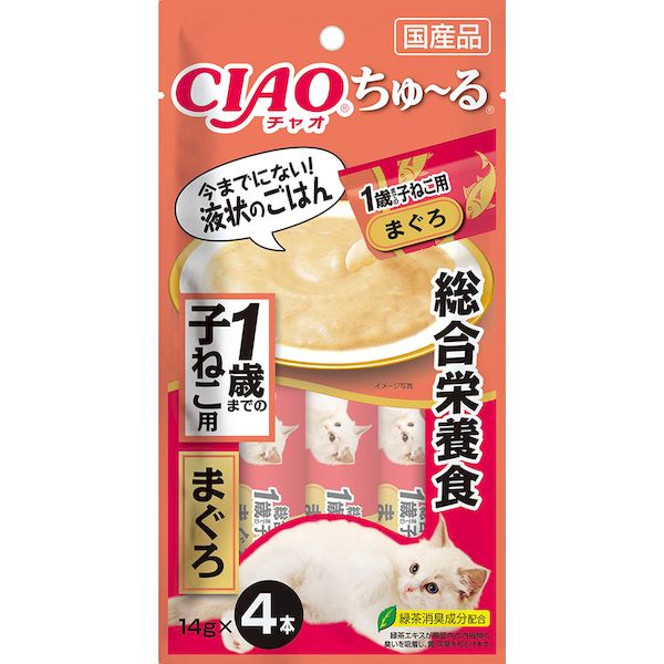 【商品説明】●一度食べたらやみつき！猫ちゃんの好きなを素材を液状にしたごはんです。(総合栄養食)●ちゅ〜っと出して、なめるだけで簡単に栄養補給。●食べきりやすい14g×4本。●緑茶消臭成分配合！緑茶エキスが腸管内の内容物の臭いを吸着し、糞尿...