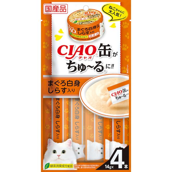 【商品説明】●人気の「CIAO缶まぐろ白身しらす入り」をちゅ〜るにしました。1度食べたらやみつきになる美味しさ♪●緑茶消臭成分配合で、腸管内の内容物の臭いを吸着し、糞尿臭を和らげます。●原材料：まぐろ、しらす、糖類(オリゴ糖等)、植物性油脂...