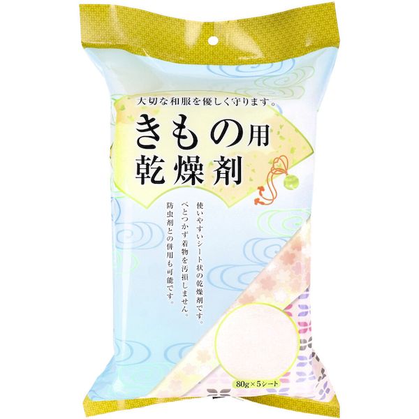 調湿効果に優れた特殊なシリカゲルを使用したきものの乾燥剤です！タンスの引き出し、衣裳ケースなどに安心してご使用ください！・使いやすいシートタイプで効率よく湿気を吸収します。・湿気による衣類、きものの黄ばみ、縮み、カビ防止に最適です。・防虫剤...