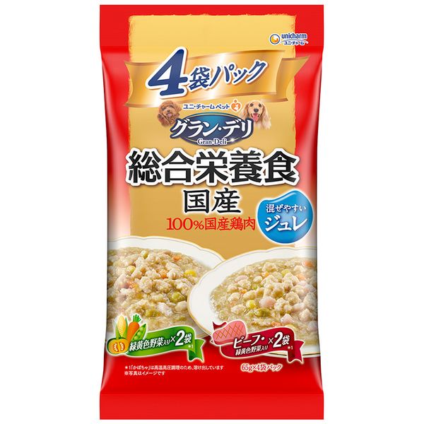 【商品説明】ユニチャーム　4520699628133　グラン・デリ 総合栄養食国産パウチ ジュレ成犬用緑黄色野菜入り×ビーフ入り 65g×4袋100％国産鶏肉使用のウェットタイプ総合栄養食・良質な国産鶏肉を調理した、おいしい鶏ささみ入りのレ...