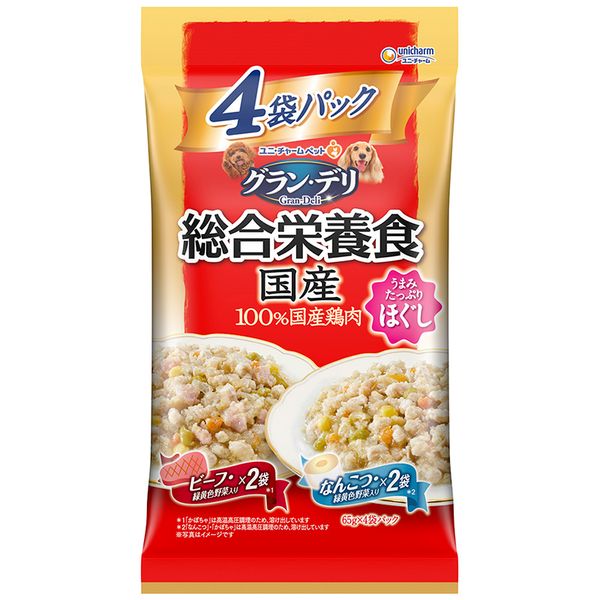 【商品説明】ユニチャーム　4520699629192　グラン・デリ 総合栄養食国産パウチ ほぐし成犬用なんこつ入り×ビーフ入り 65g×4袋100％国産鶏肉使用のウェットタイプ総合栄養食・良質な国産鶏肉を調理した、おいしい鶏ささみ入りのレト...