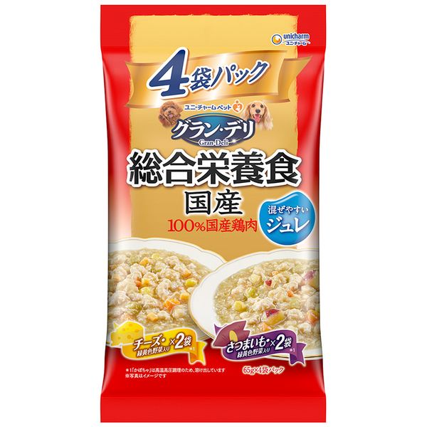 【商品説明】ユニチャーム　4520699630495　グラン・デリ 総合栄養食国産パウチ ジュレ成犬用さつまいも入り×チーズ入り 65g×4袋100％国産鶏肉使用のウェットタイプ総合栄養食・良質な国産鶏肉を調理した、おいしい鶏ささみ入りのレ...