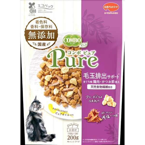 【商品説明】日本ペットフード　4902112046784　コンボ ピュア キャット 毛玉排出サポート まぐろ味・鶏肉・かつお節添え 200g素材本来のおいしさをそのままに！■おさかなの旨み広がるおいしい粒・おさかなの旨みたっぷり、驚きのおい...