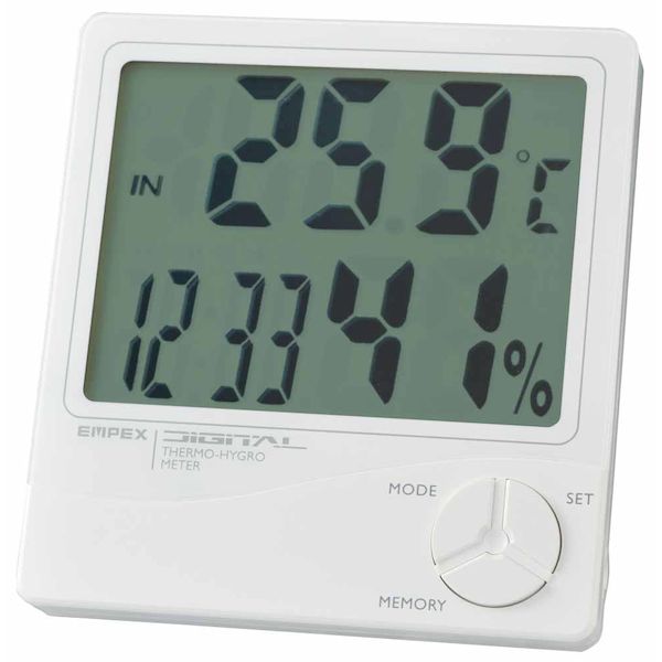 【商品説明】●サイズ縦_本体（mm）：103●サイズ横_本体（mm）：96●サイズ高さ_本体（mm）：20●時刻、月日表示機能付きのデジタル温湿度計です。●最高最低温度湿度メモリ。●時刻・月日表示機能（5秒毎自動切替）●単四乾電池×1（付）...