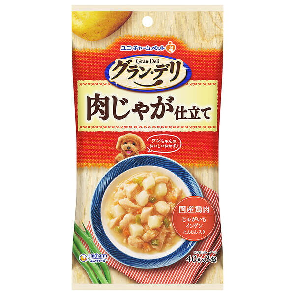 【商品説明】●私もおいしそうと思う見た目のおいしさにもこだわったワンちゃん専用レトルトパウチ。●ワンちゃんの大好きな肉じゃが仕立て。●良質な100％国産鶏肉を使用。●じゃがいも、にんじん、インゲンを使用。●原材料：鶏胸肉、ジャガイモ、野菜類...