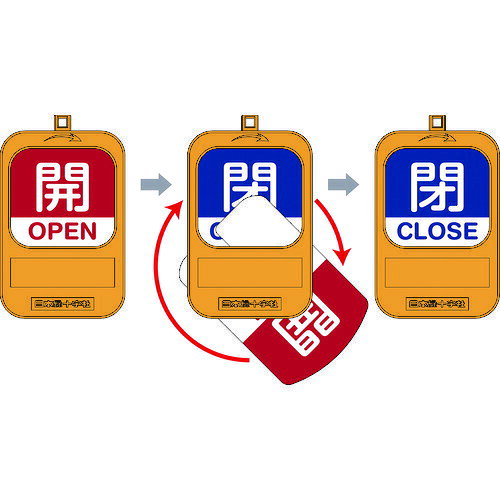 【特長】●札を回転させるだけで表裏両面の表示内容が同時に切り替わる、機能性に優れたバルブ開閉表示札です。●表示面が大きく、視認性に優れています。【用途】●あらゆるバルブの設置場所に。【仕様】●色：赤⇔青●表示内容：開(OPEN)⇔閉(CLO...