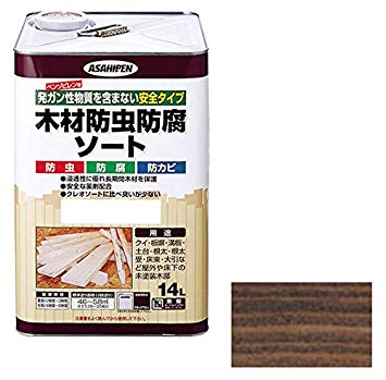 &nbsp; アサヒペン &nbsp; 06-6930-5008 ●商品名　木材防虫防腐ソート　●メーカーアサヒペン　●規格／品番14L　●サイズ　●重量／容量　●特長　●ベンゾピレン等発ガン性物質を含まない安全タイプ　●日光や雨に強い屋外...