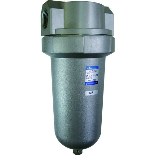 日本精器メーカーお問い合わせ：072-923-0481【特長】●入口圧力1.4MPaまで使用できます。●処理空気量の大きな一般的なエアフィルターです。【用途】●圧縮空気中の水分(液状)とゴミ等の粒子を除去、空気圧機器を保護に。【仕様】●ろ過...