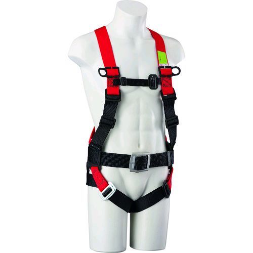 【特長】●胴ベルト付なので腰つり道具も取り付け可能です。【用途】●建設・土木・造船・橋梁・鉱山・工場・プラント・その他。【仕様】●サイズ：S●色：ブラック/レッド●腿バックル：プレート●ベルト幅(mm)：45●最大使用可能質量：130kg●...
