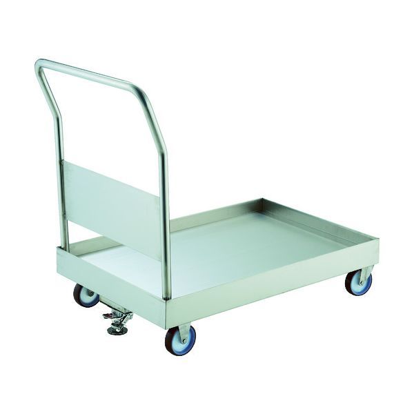 【商品説明】【特長】●荷台部が深さ50mmのオイルパン形状のSUS304製台車です。●水漏れや荷物の落下を防止できます。●ご使用環境に応じて、導電ウレタンかナイロンウレタン車輪、またハンドル側の固定キャスターにストッパー付タイプを選択できま...