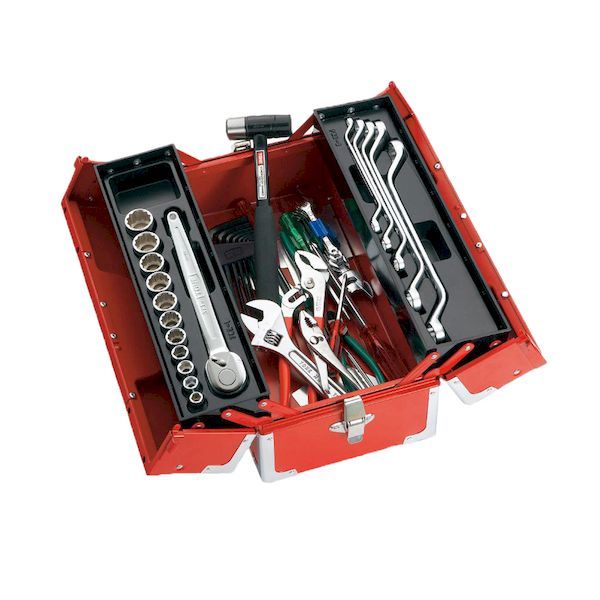 前田金属工業06-6973-9735【商品説明】●必要な工具を厳選!BX322を採用したセット。●天面フラットV形2段式メタルケース●※ケースのみの販売もいたしております。［Item：ツールケース BX322］をご覧ください。●差込角（mm...