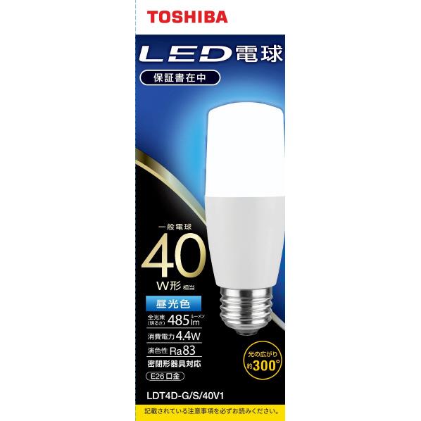 [東芝 LED電球 E26口金 全光束485lm(4．4W T形電球タイプ 全方向タイプ) 昼光色相当 LDT4D-G/S/40V1]の商品説明●電球形蛍光灯D形の置き換え。D形専用器具に使用できます。●平均演色評価数Ra:83、光の広がり...