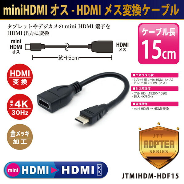 [JTT miniHDMIオス-HDMIメス 変換ケーブル(15cm) JTMIHDM-HDF15 [JTMIHDMHDF15]] の商品説明●変換ケーブル。●タブレットやデジカメのmini HDMI 端子を HDMI 出力に変換。●HDM...