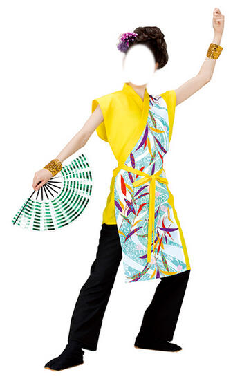 袖無し打合せ着物タイプのよさこい衣裳です。 主素材：ポリエステル100％ サイズ：前身丈約105cm・後身丈約75cm・身幅約56cm 1点1点柄の出方が異なります。 ※リストバンド・扇・パンツ・ジョグ足袋などの小物はついておりません※ 写...