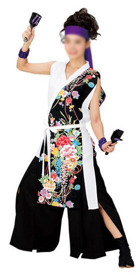 袖無し打合せ着物タイプのよさこい衣裳です。 主素材：ポリエステル100％ サイズ：前身丈約105cm・後身丈約75cm・身幅約56cm 1点1点柄の出方が異なります。 ※鉢巻・リストバンド・鳴子・パンツ・ジョグ足袋などの小物はついておりませ...