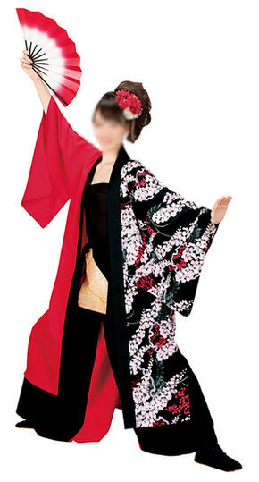 長半纏タイプのよさこい衣裳です。 主素材：ポリエステル100％ サイズ：身丈約120cm・身幅約68cm・袖丈約49cm 1点1点柄の出方が異なります。 ※髪飾り・扇・インナー・鳴子入れ・パンツ・ジョグ足袋などの小物はついておりません※ ※...