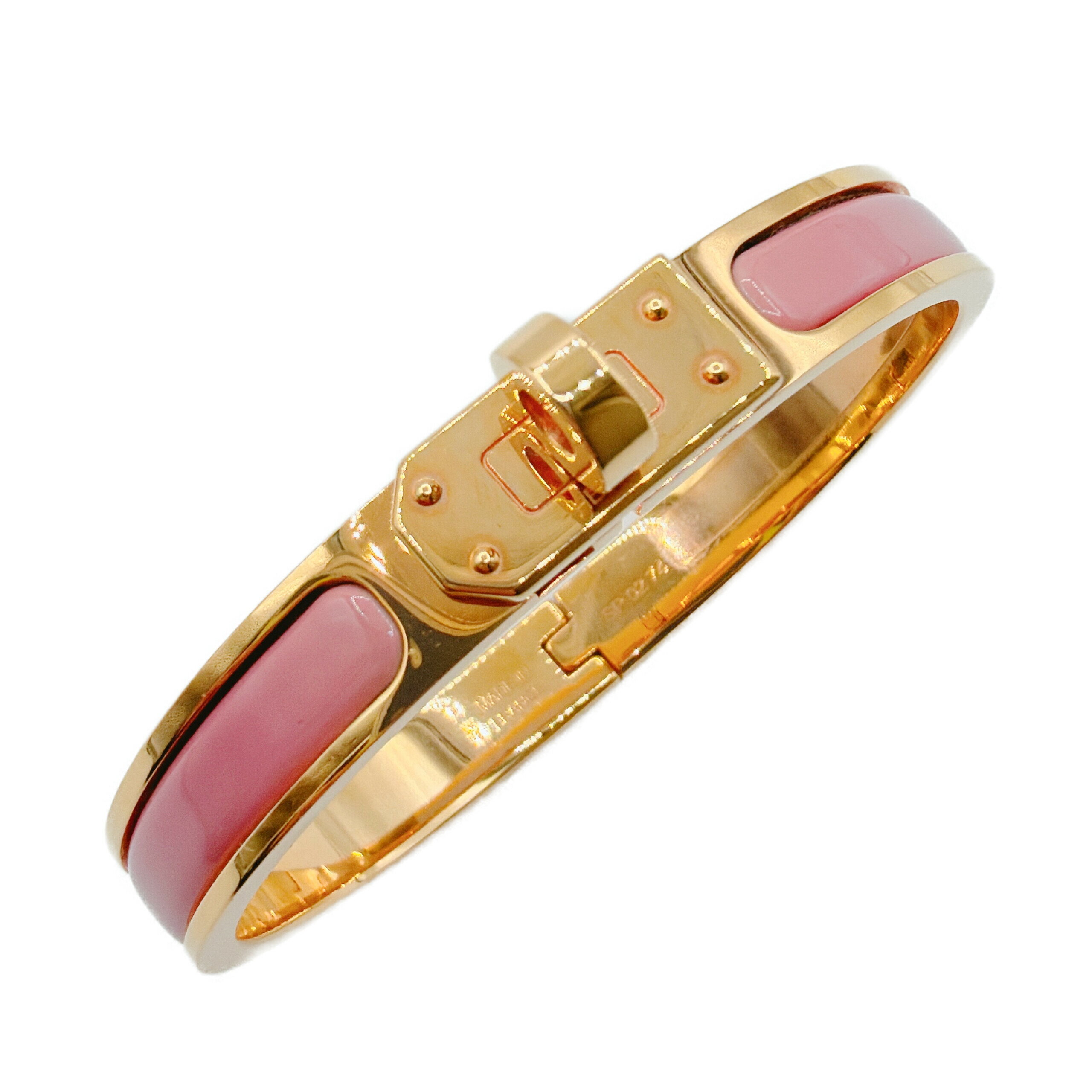 ● 商品情報 取扱店舗心斎橋 商品番号miniclickpink-1 ランク中古A ブランドエルメス（HERMES) 色ローズパッチ 金具ピンクゴールド金具 素材GP×エナメル サイズ幅0.8cm 腕周り（内周）約16cm 付属品箱・袋・冊...