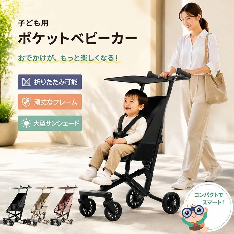 商品名：多機能お出かけバギー主な特徴コンパクトに折りたたみ可能 軽量で薄型設計。収納場所を選ばず、トランクや電車内にも楽に持ち込めます。頑丈なフレーム構造 ワイド設計の車体と横転防止構造により、安定した走行を実現。段差やカーブでも安心です。...